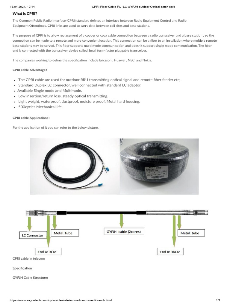 CPRI Fiber Cable FC - LC GYFJH Outdoor Optical Patch Cord | PDF ...