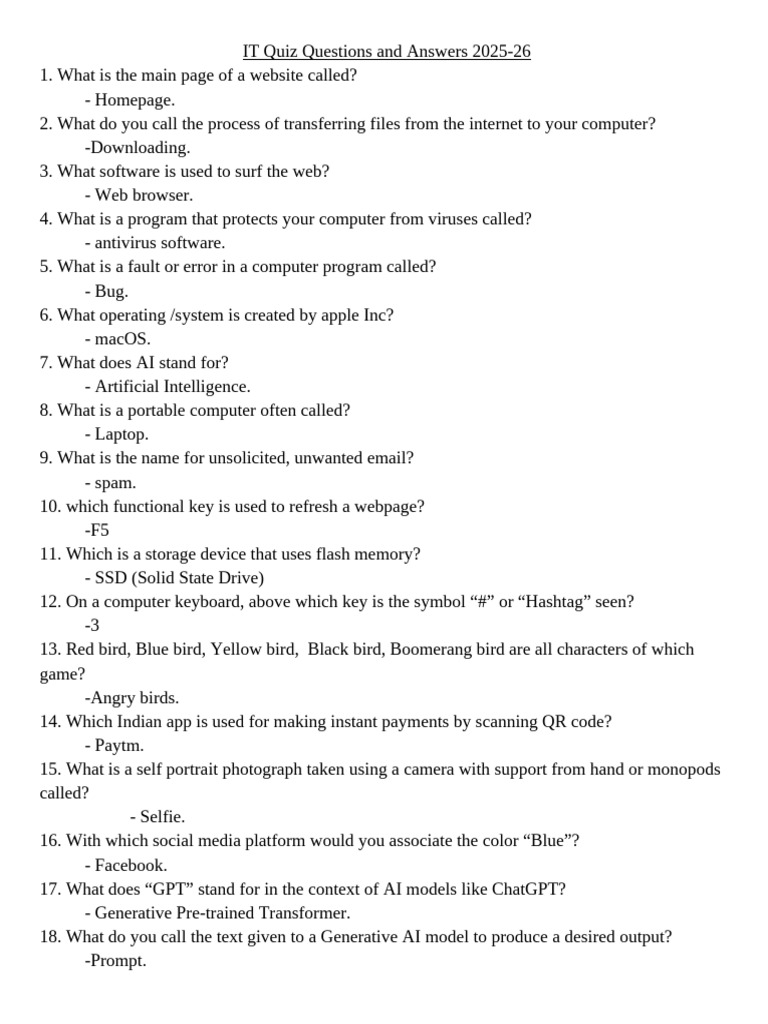 IT Quiz Questions & Answers 2025-26 | PDF | Computer Virus | Computer ...