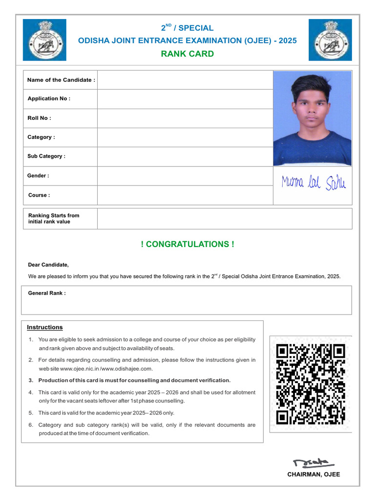 Rank Card: 2 / Special Odisha Joint Entrance Examination (Ojee) - 2025 ...