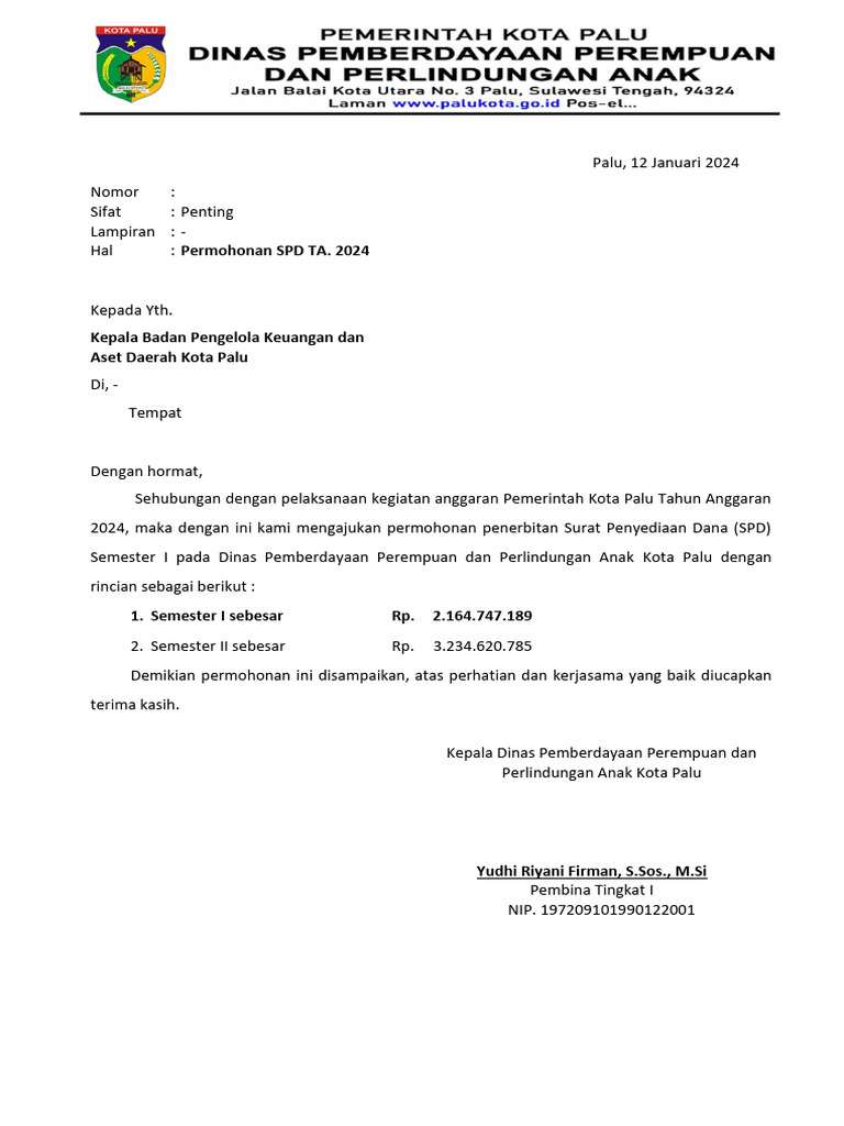 Permohonan SPD Dinas Pemberdayaan Palu | PDF