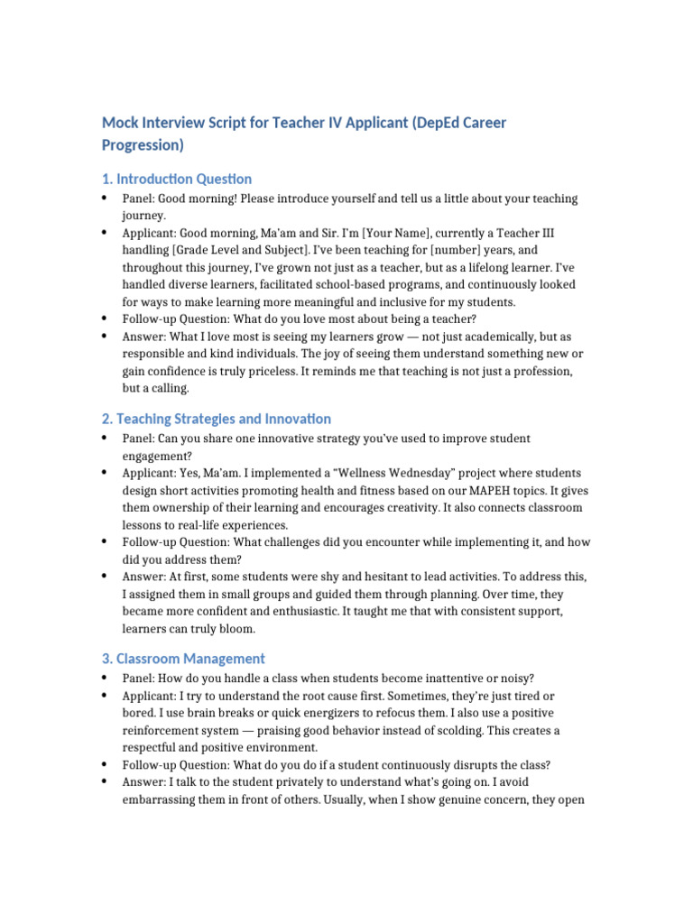 Mock Interview Script Teacher IV | PDF | Teachers | Learning