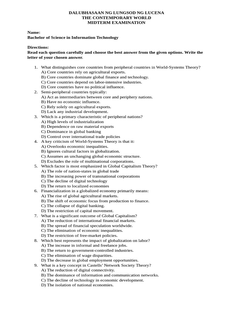 Lucena City Midterm Exam: The Contemporary World | PDF | Human ...