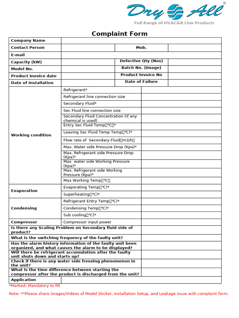 HVAC&R Product Complaint Form | PDF | Heat Exchanger | Applied And ...