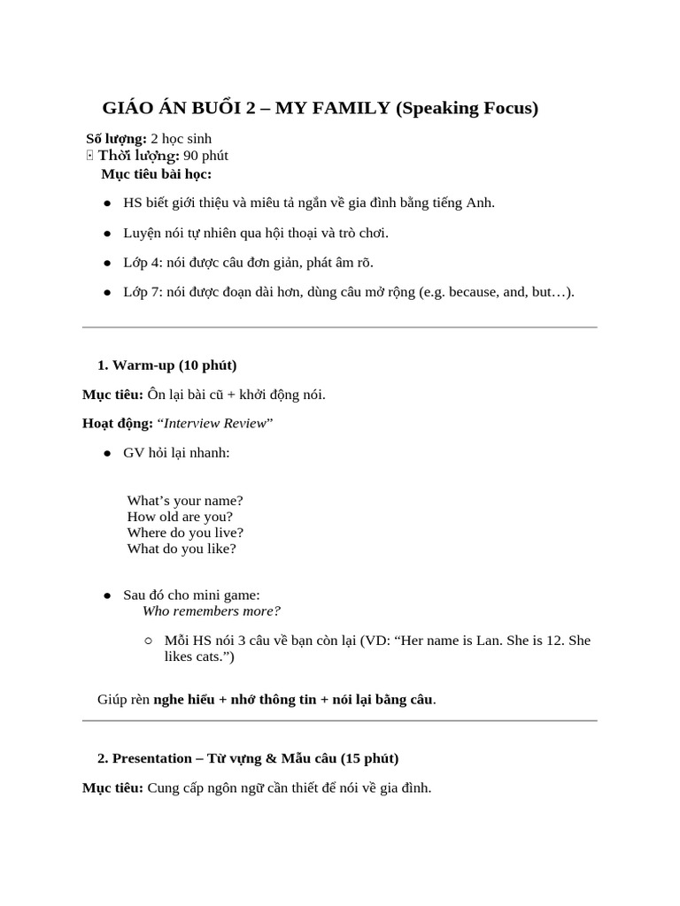 GIÁO ÁN BU I 2 - MY FAMILY (Speaking Focus) : TH I Lư NG | PDF