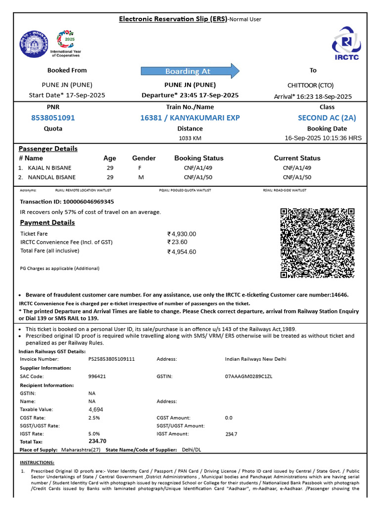 2AC Train Booking Confirmation | PDF | Identity Document | Payments