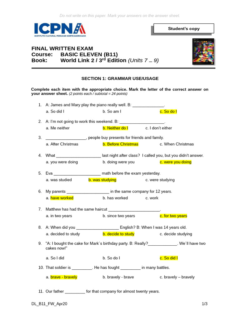 B11 Final Written Exam | PDF | Verb