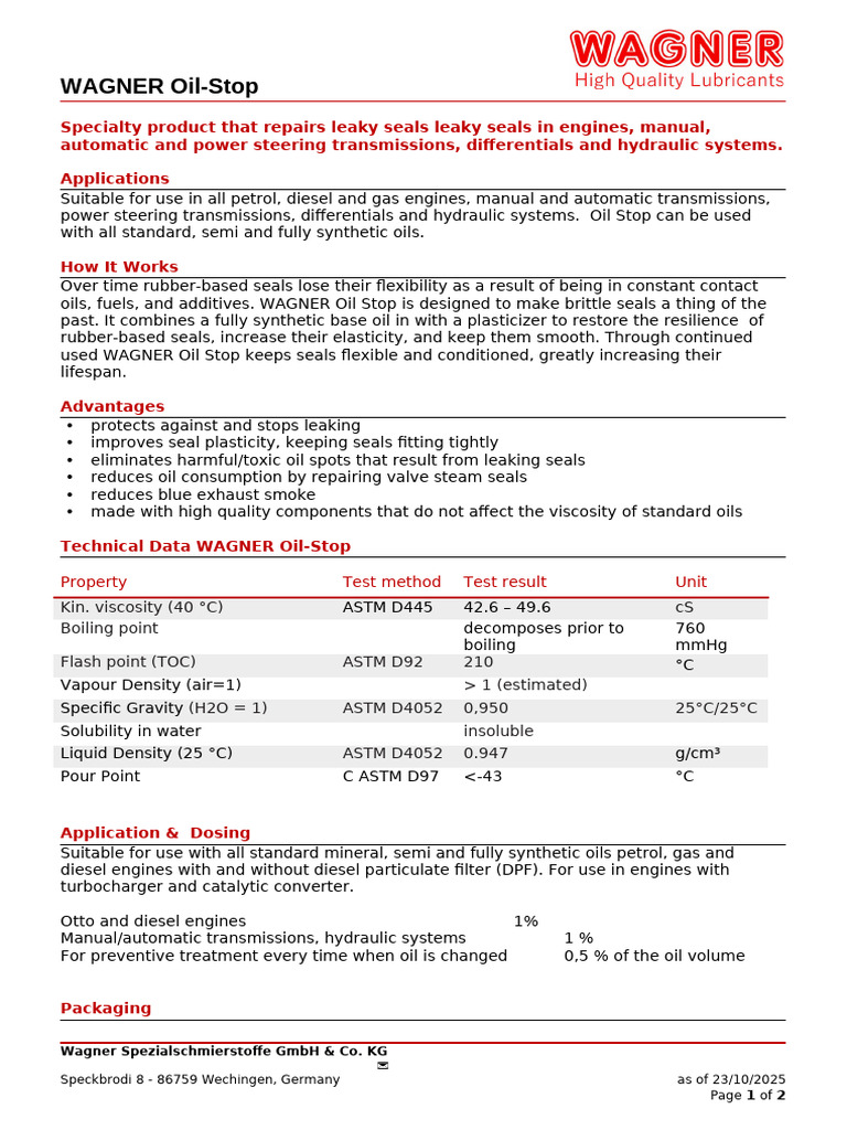 028 - WAGNER Oil Stop - Data Sheet | PDF | Oil | Diesel Engine