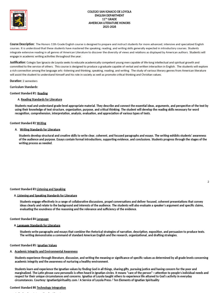 11th Grade American Literature Honors Course | PDF | Essays | Poetry