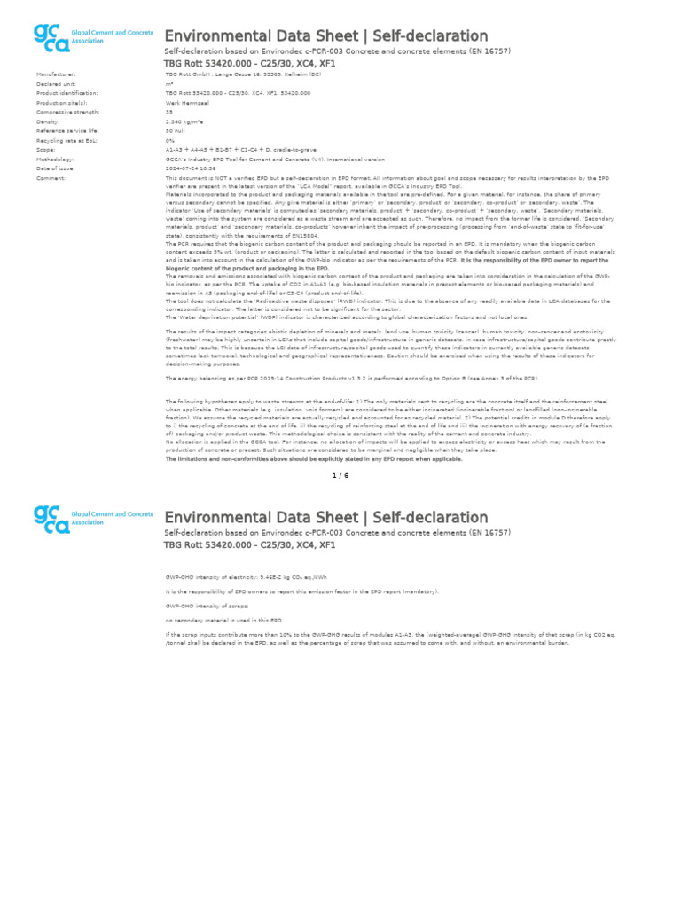 EPD TBG Rott 53420.000 XC4 XF1 - CONCRETE | PDF | Life Cycle Assessment ...