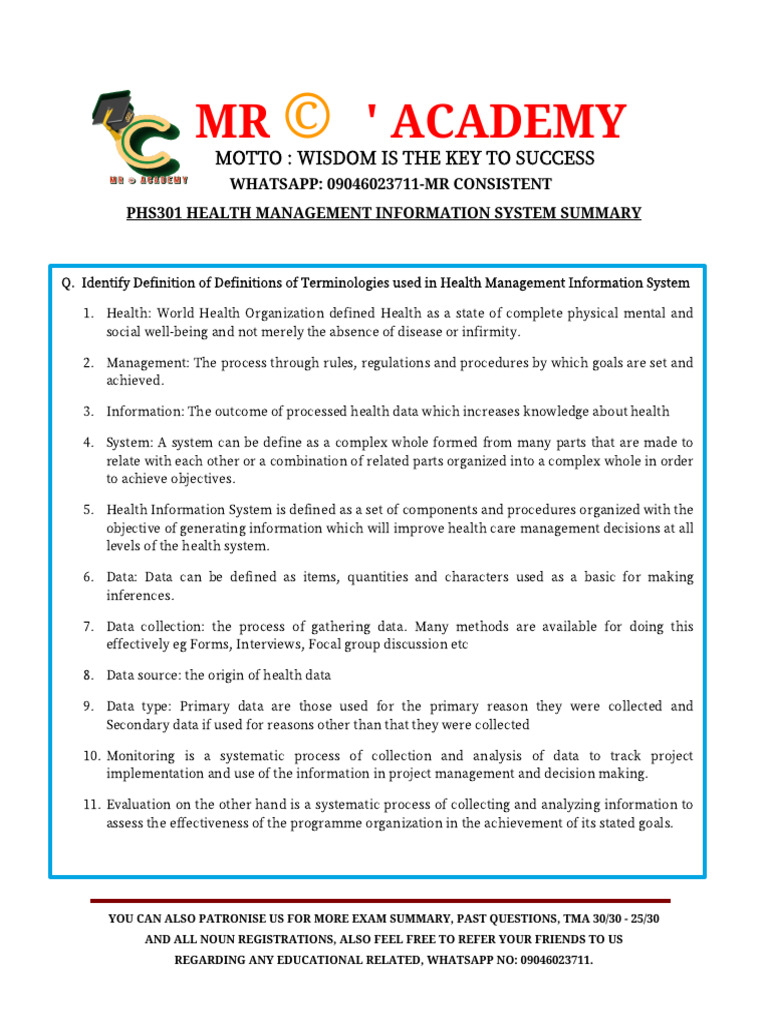 PHS301 Health Management Information System Summary 09046023711 | PDF ...