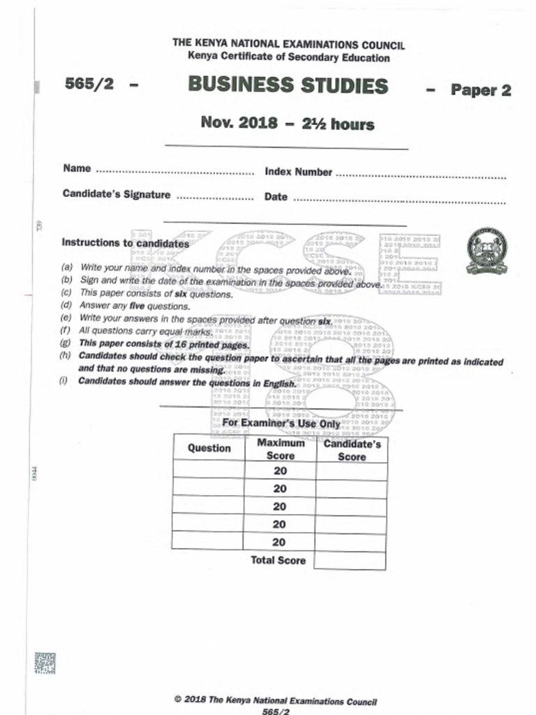 Kcse 2018 Knec BS PP2 | PDF