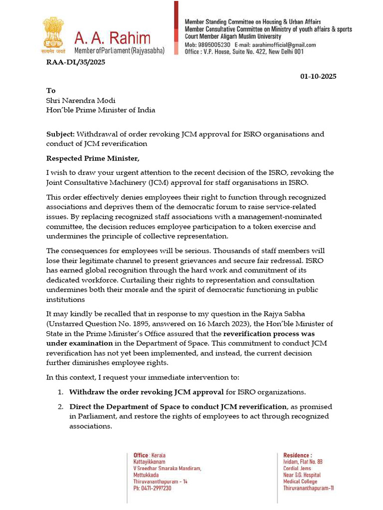 Letter To PM, IsRO Staff Issue | PDF