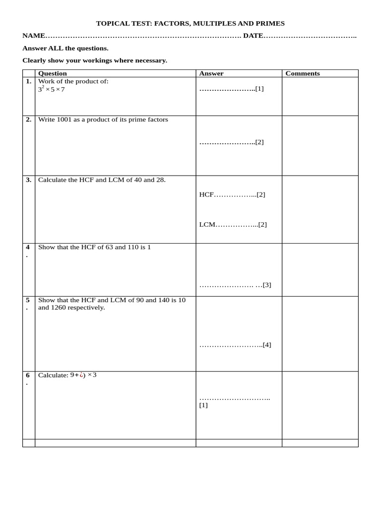 Factors, Multiples, and Prime Numbers Test | PDF