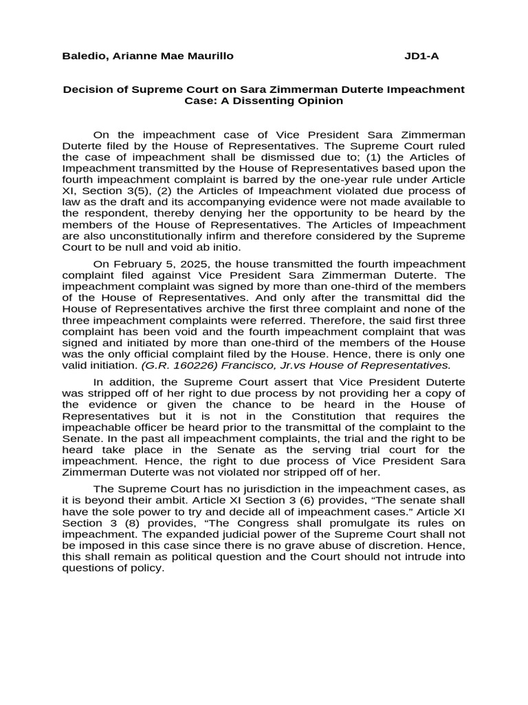 Duterte Impeachment Case Dissenting Opinion | PDF | Impeachment ...