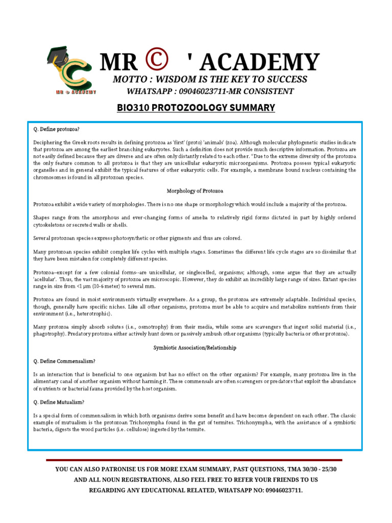 MR © ' Academy - Bio310 Protozoology Summary 09046023711 | PDF ...