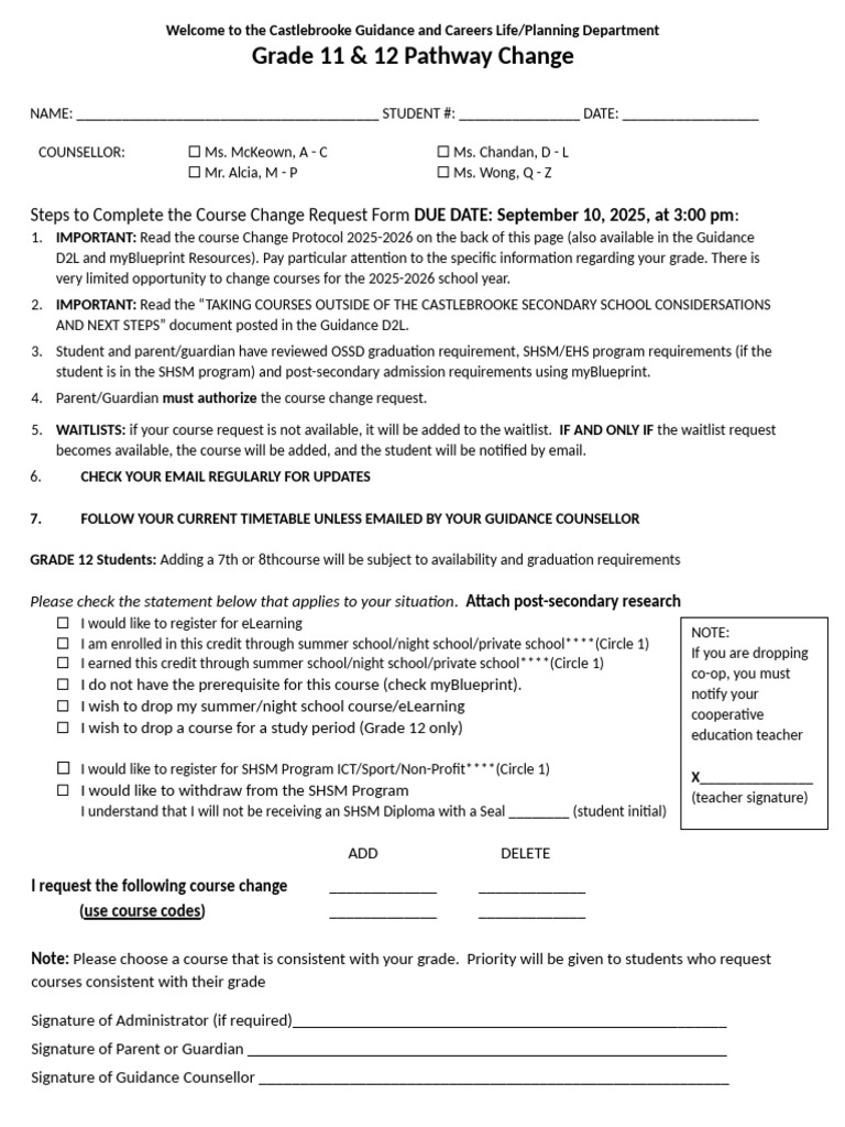 Castlebrooke Course Change Guide 2025-2026 | PDF