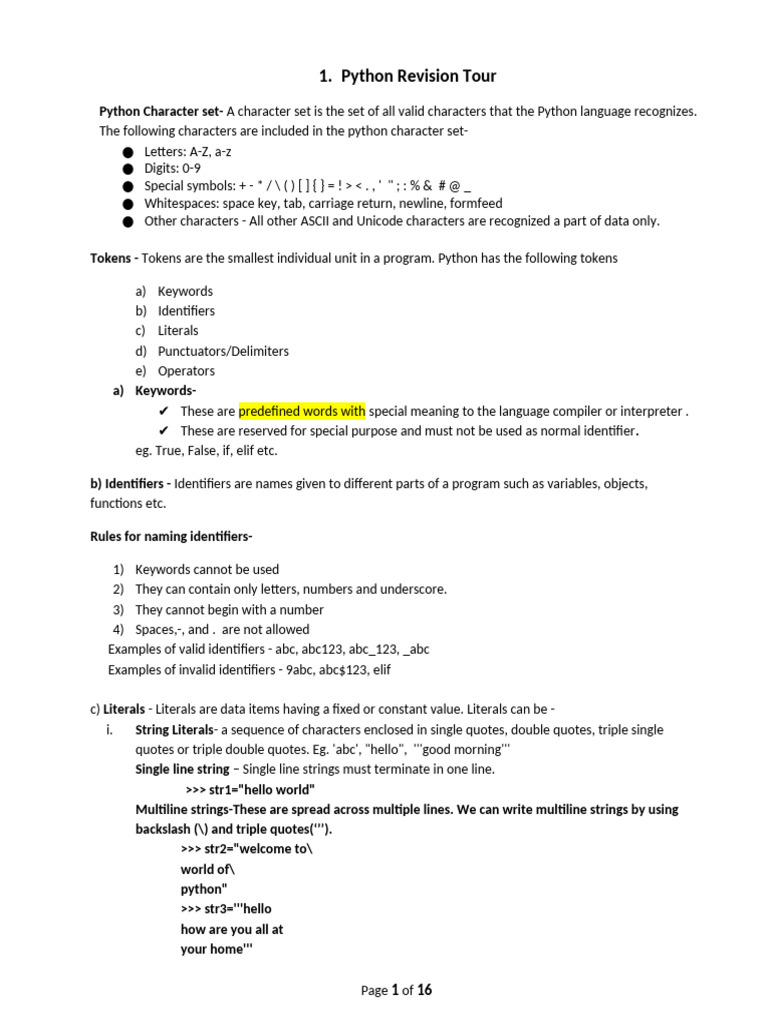 Python Revision Tour I Final | PDF | Variable (Computer Science) | Data ...