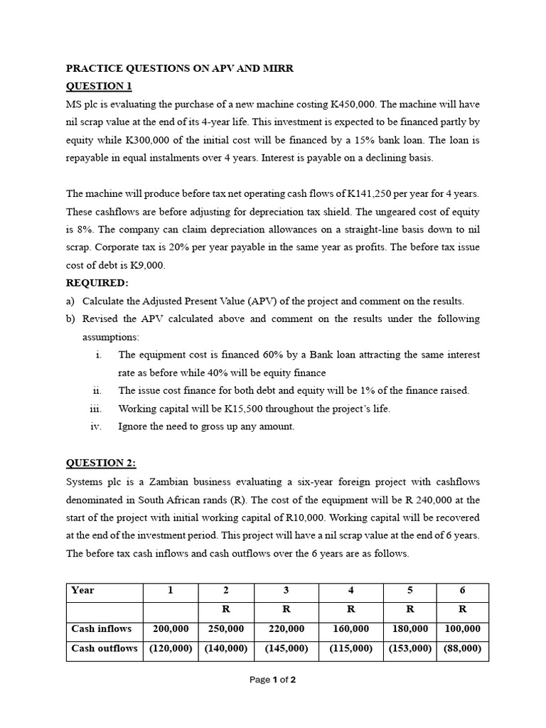APV and MIRR Practice Questions Guide | PDF | Cost Of Capital | Equity ...