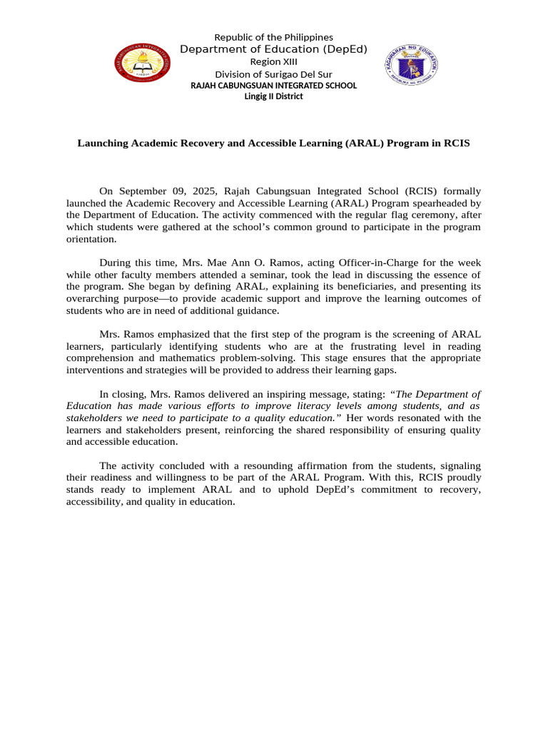 Launch of ARAL Program at RCIS | PDF