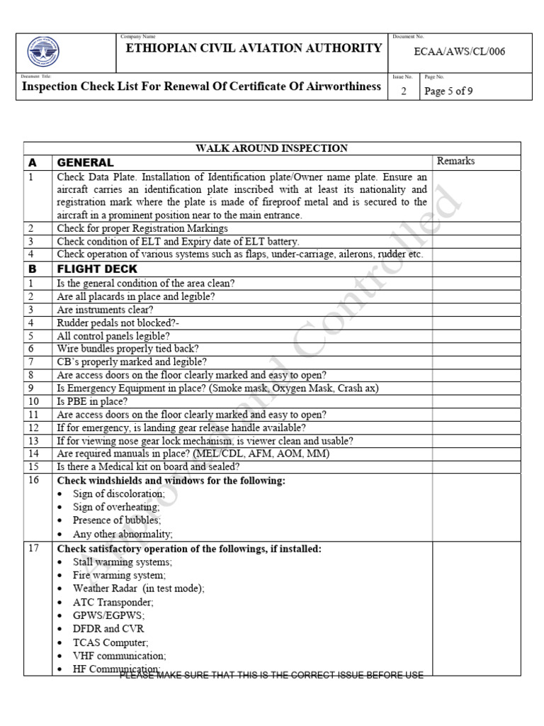 C of A Renewal Walk Around Inspection | PDF | Leak | Aircraft
