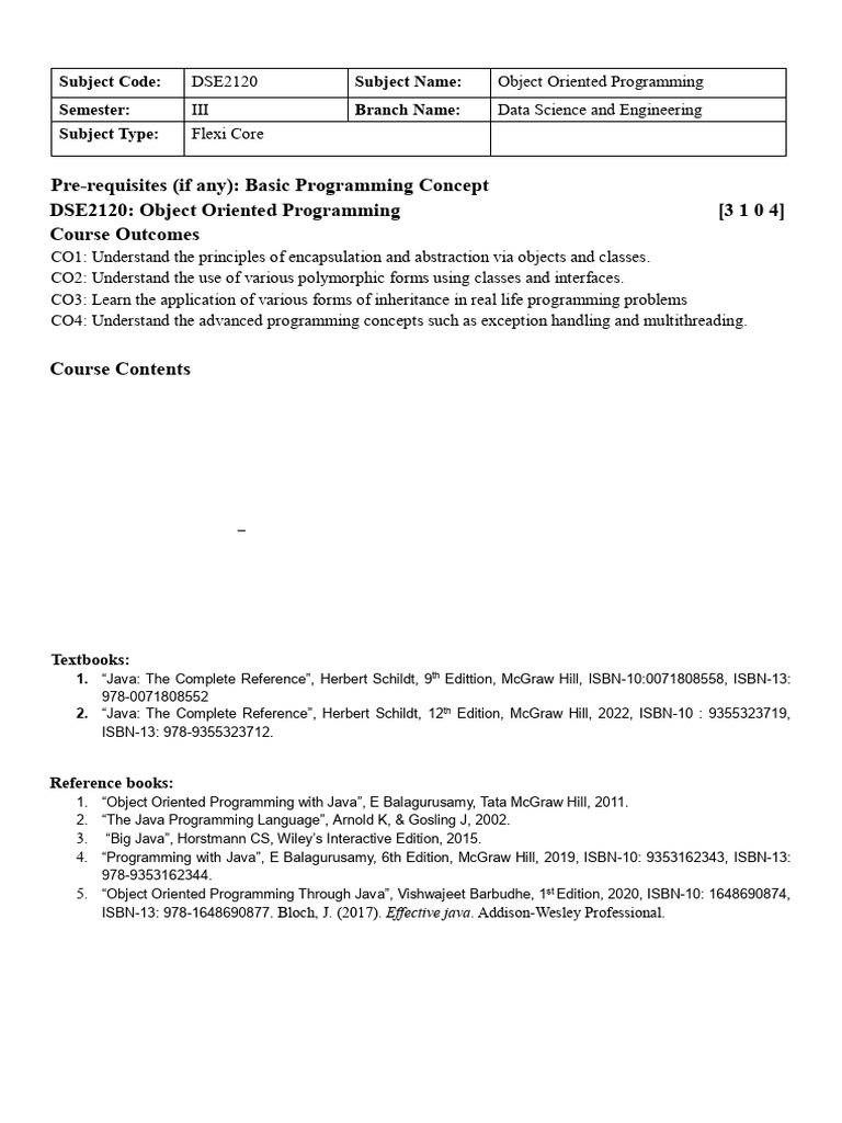DSE2120 Object Oriented Programming Syllabus | PDF | Class (Computer Programming) | Method ...