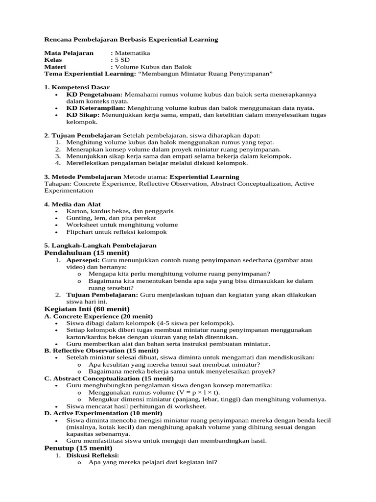 Rencana Pembelajaran Berbasis Experiential Learning | PDF