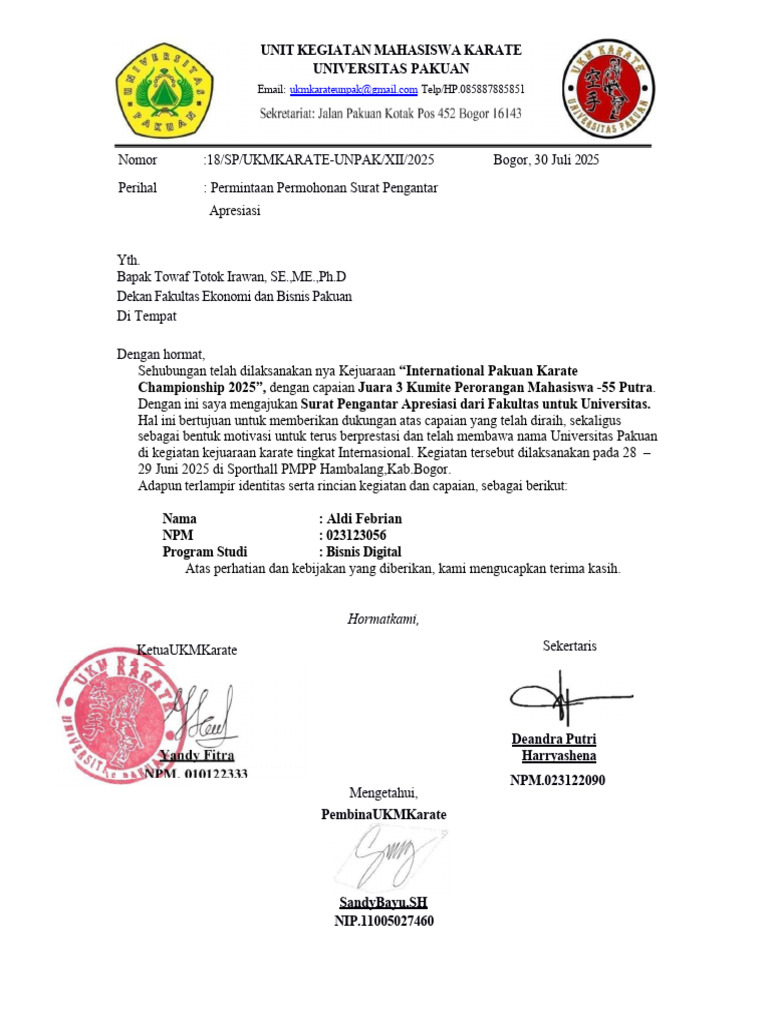 Surat Pengantar Apresiasi Aldi Febrian | PDF