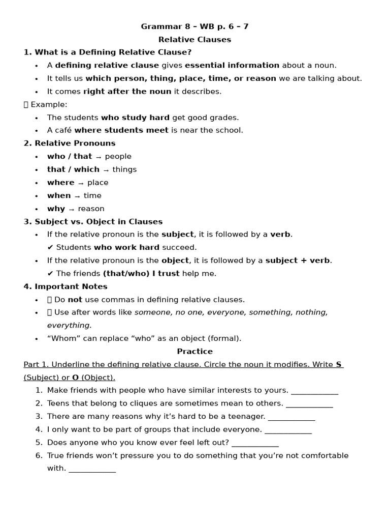 Defining Relative Clauses Explained | PDF | Clause | Subject (Grammar)