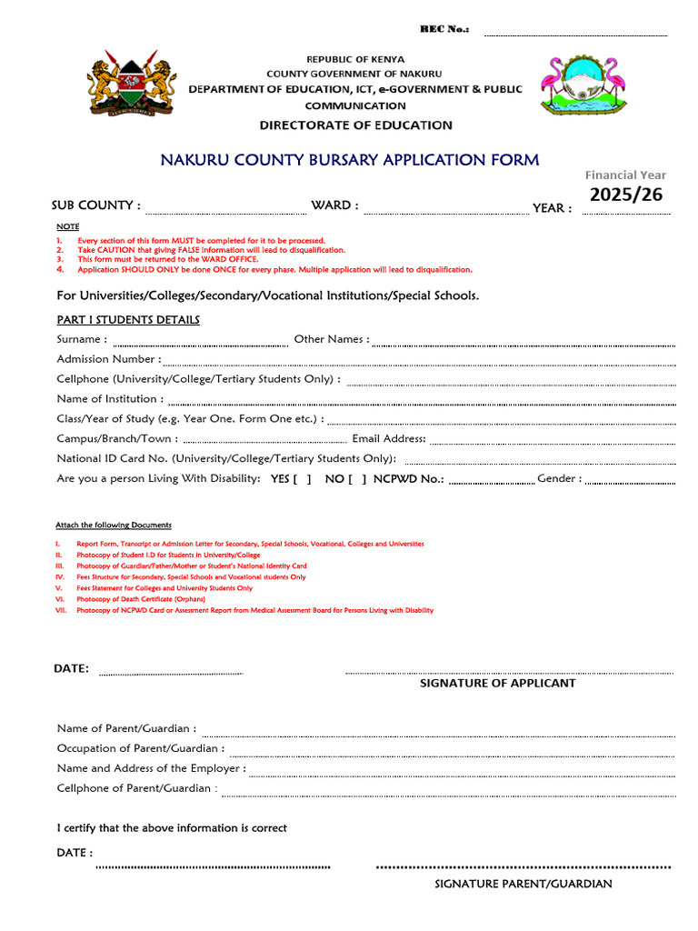 Nakuru County Bursary Application 2025-26 | PDF | Identity Document