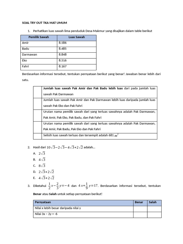 Soal Try Out Tka Mat Umum | PDF