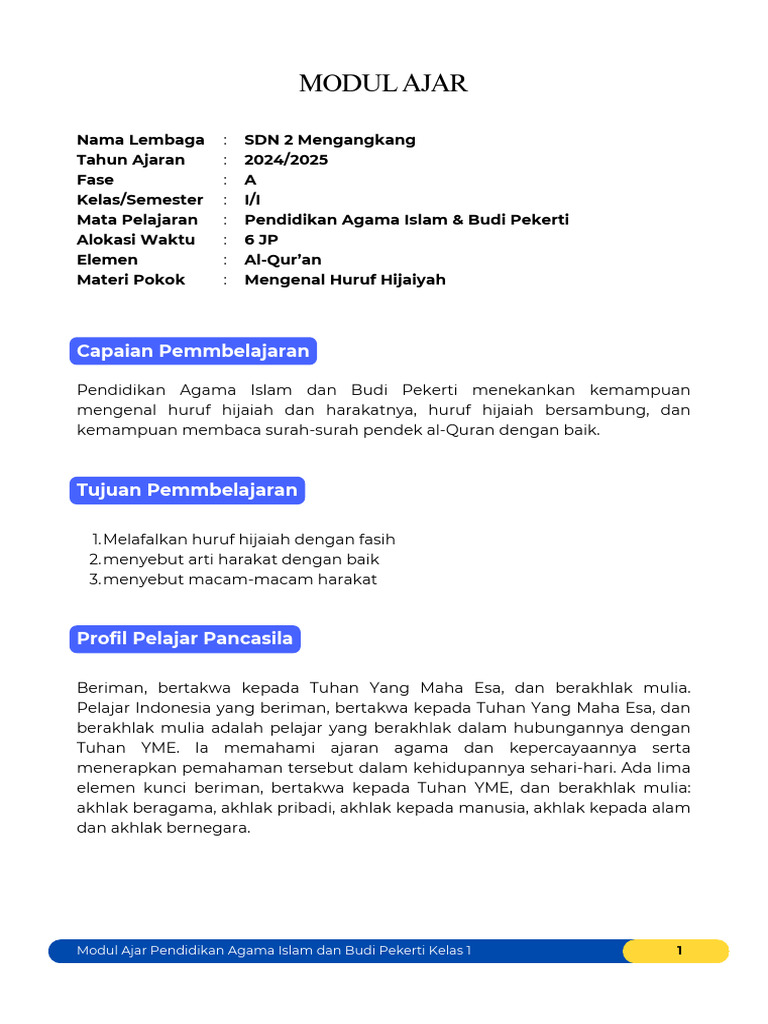 Modul Ajar Huruf Hijaiyah Kelas 1 | PDF