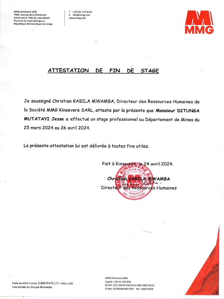 Attestation de Fin de Stage MMG | PDF