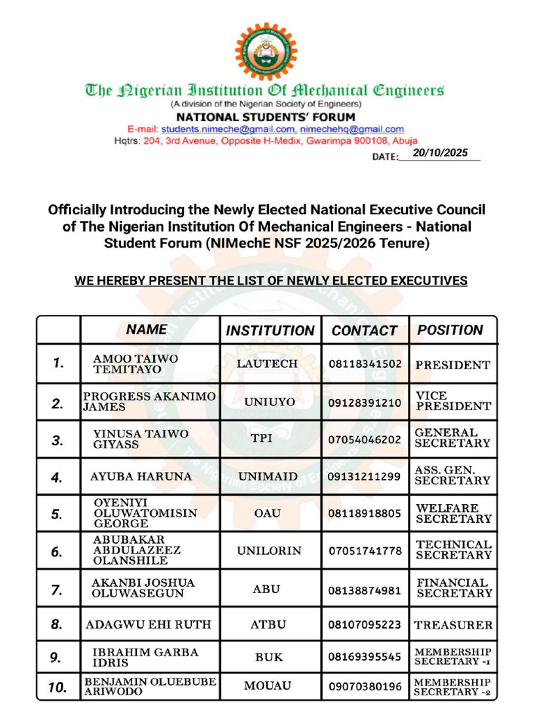 NIMechE Executives (Elect) 2025 - 2026 | PDF