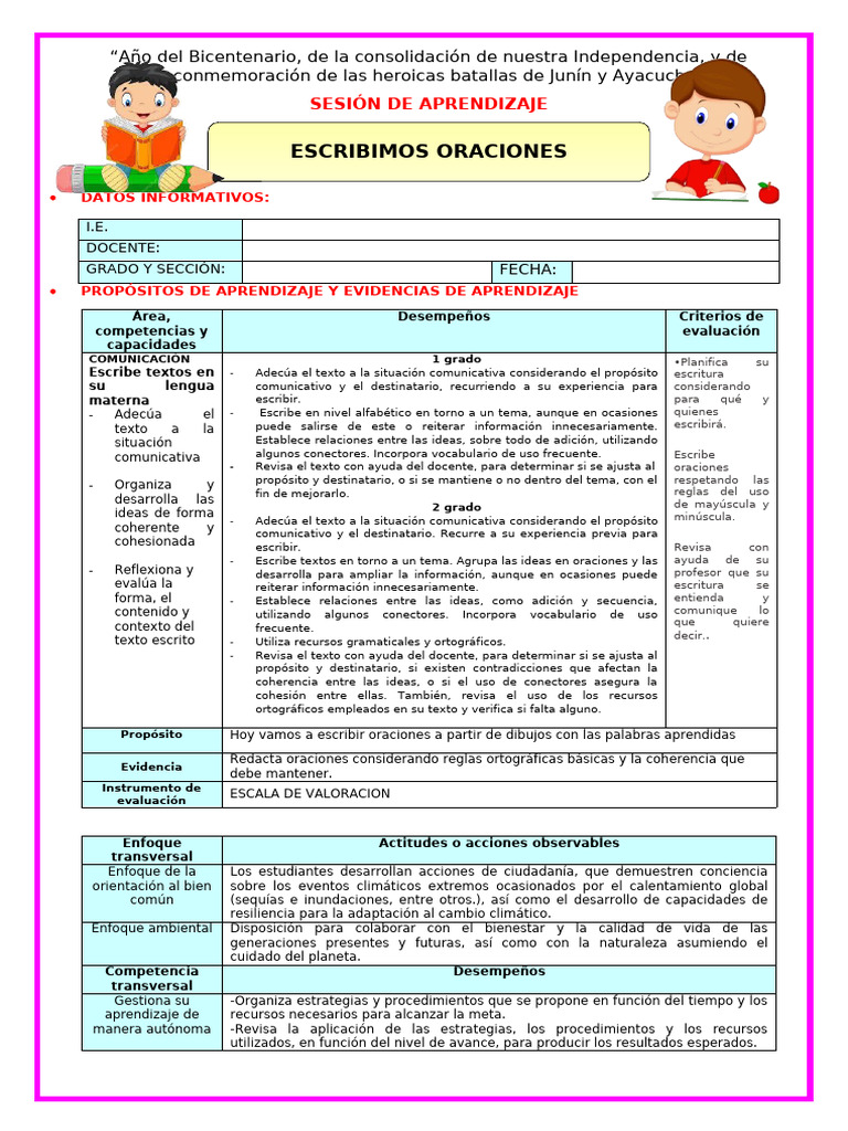 Sesion D3 Com Escribimos Oraciones | PDF | Aprendizaje | Evaluación