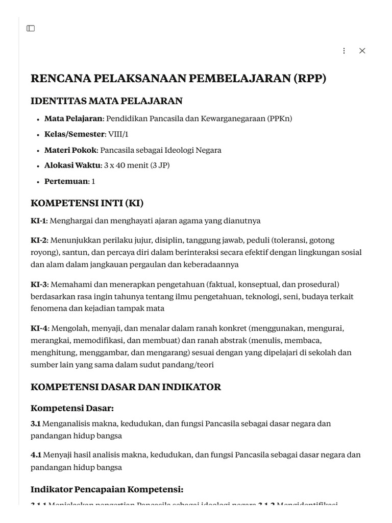 RPP PPKn Kelas VIII: Pancasila Ideologi Negara | PDF