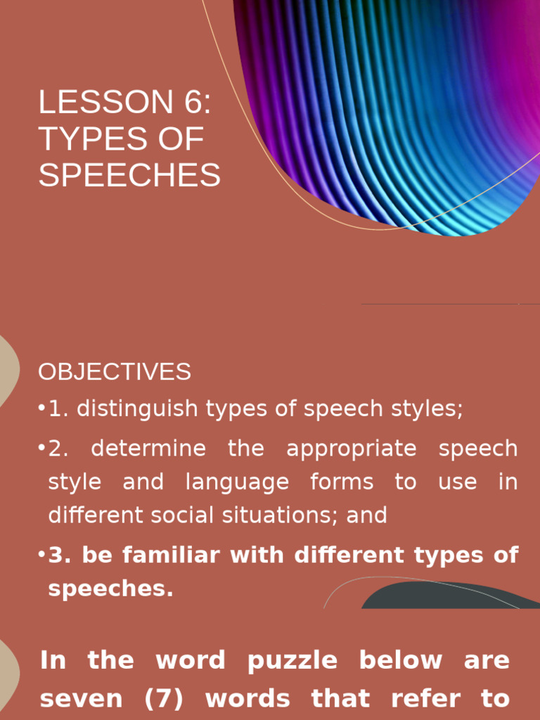 LESSON 6B Types of Speeches Lesson | PDF | Entertainment | Communication