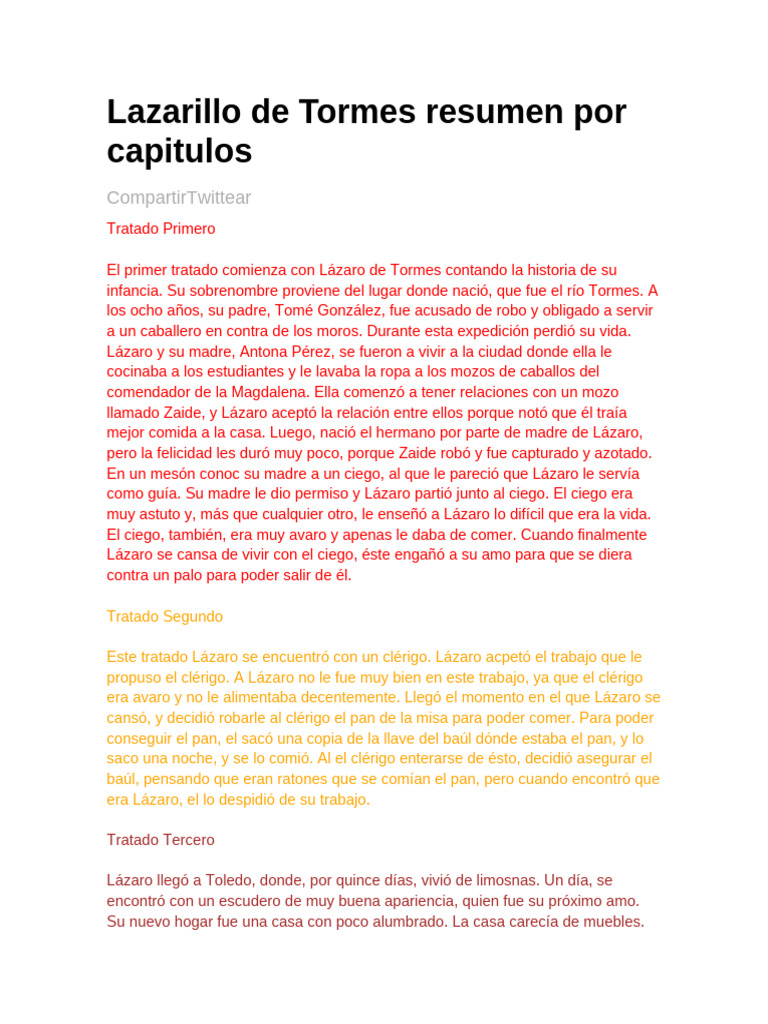 Lazarillo de Tormes Resumen Por Capitulos | PDF