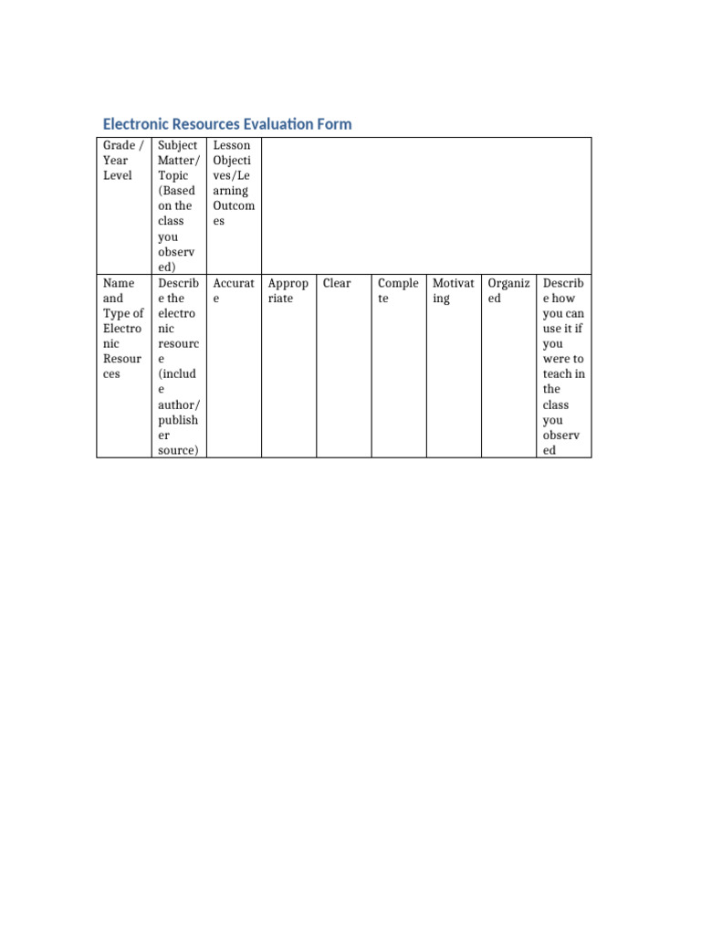 Electronic Resources Evaluation Form | PDF