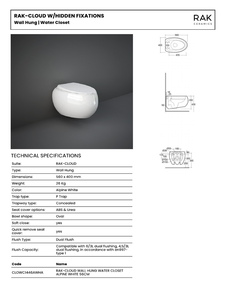 Rak Cloud Whidden Fixations Water Closet Wall Hung Alpine White Ps Trap ...