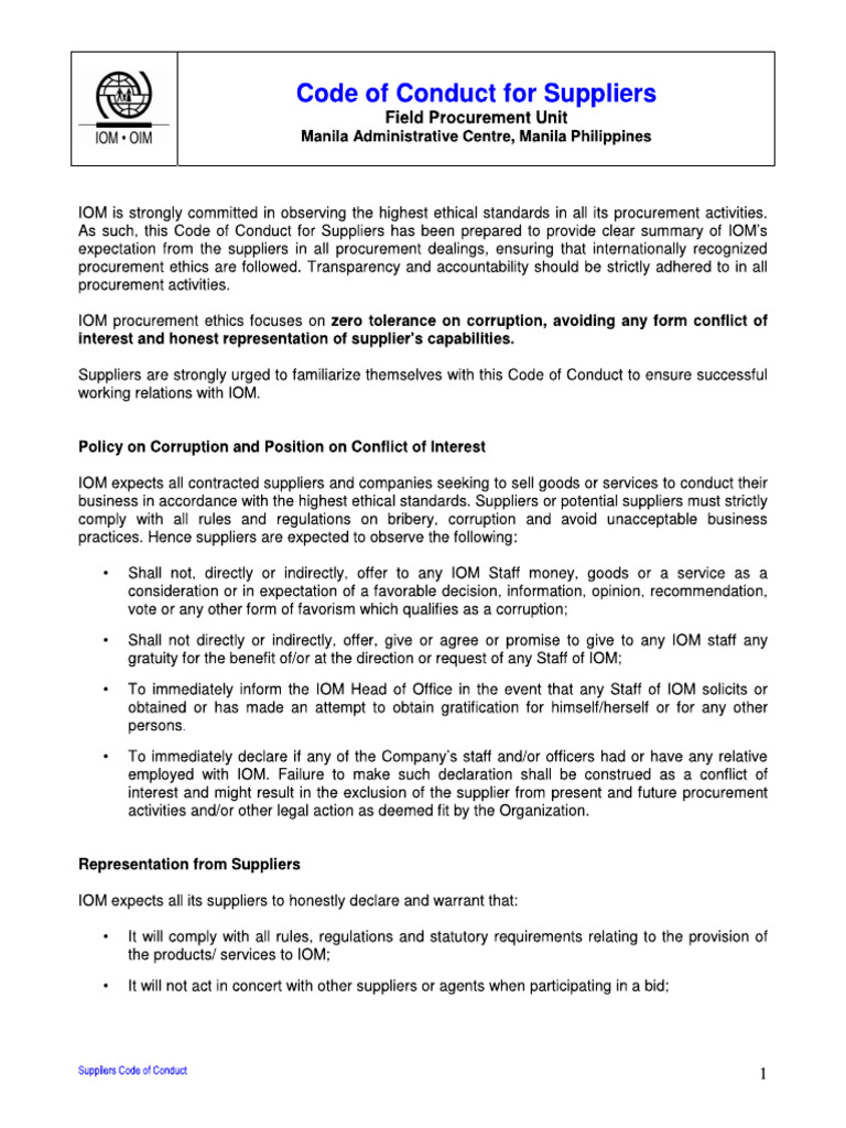 Code of Conduct Suppliers | PDF