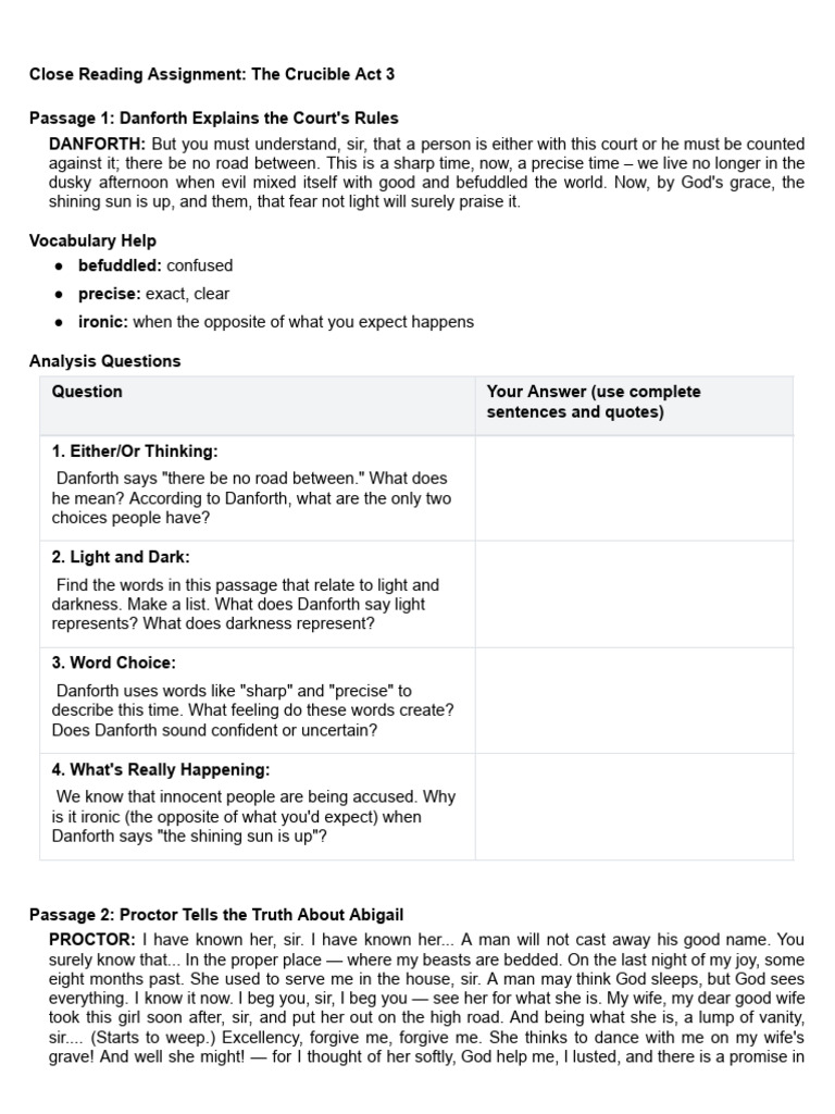 Close Reading Assignment - The Crucible Act 3 | PDF