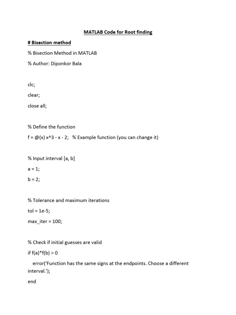 MATLAB Code For Numerical Analysis | PDF | Algorithms | Mathematical ...