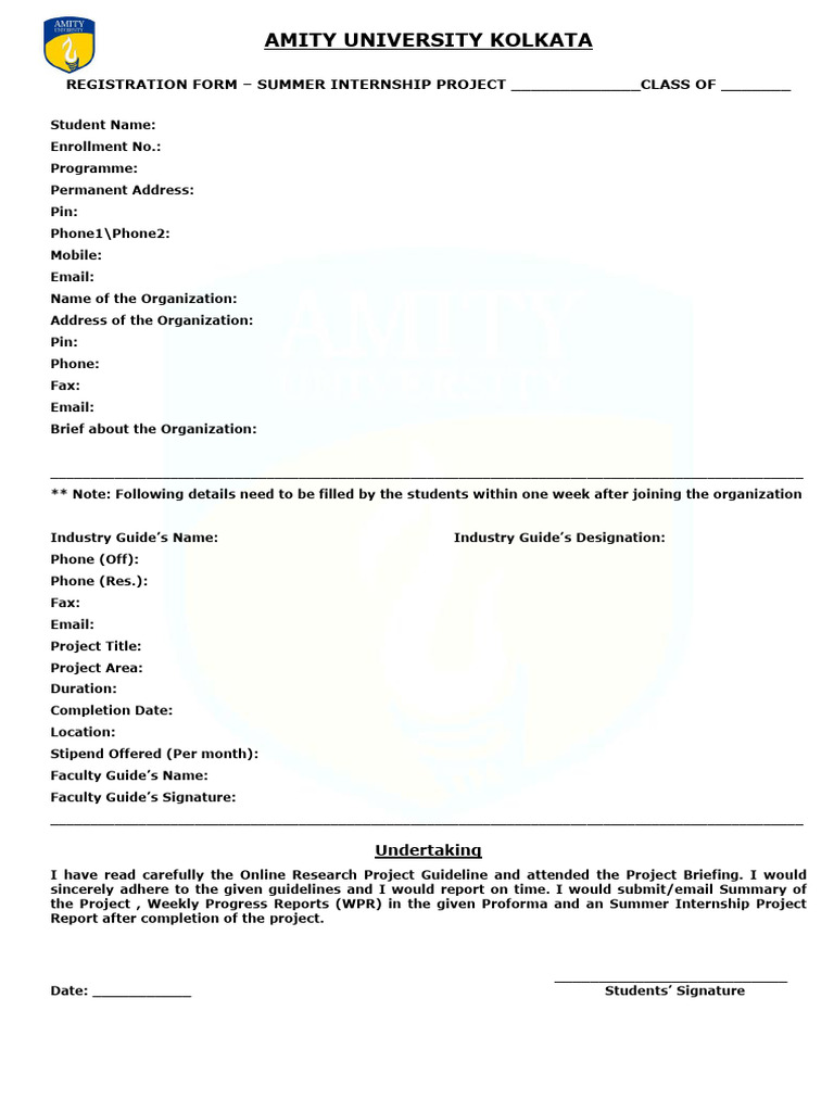 Annexure 1 - Summer Internship Project Registration Form | PDF