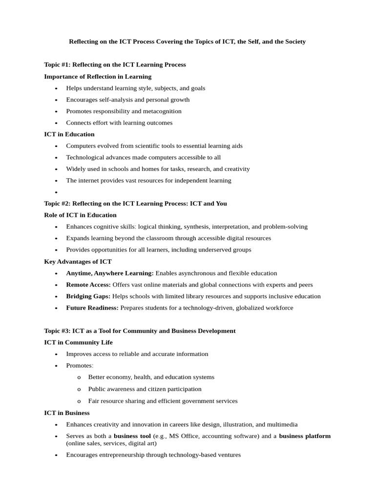 Reflecting On The ICT Process Covering The Topics of ICT 1 | PDF ...