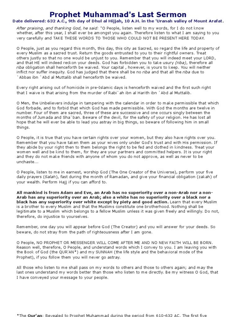 Prophet Muhammads Last Sermon | PDF | Prophets And Messengers In Islam ...