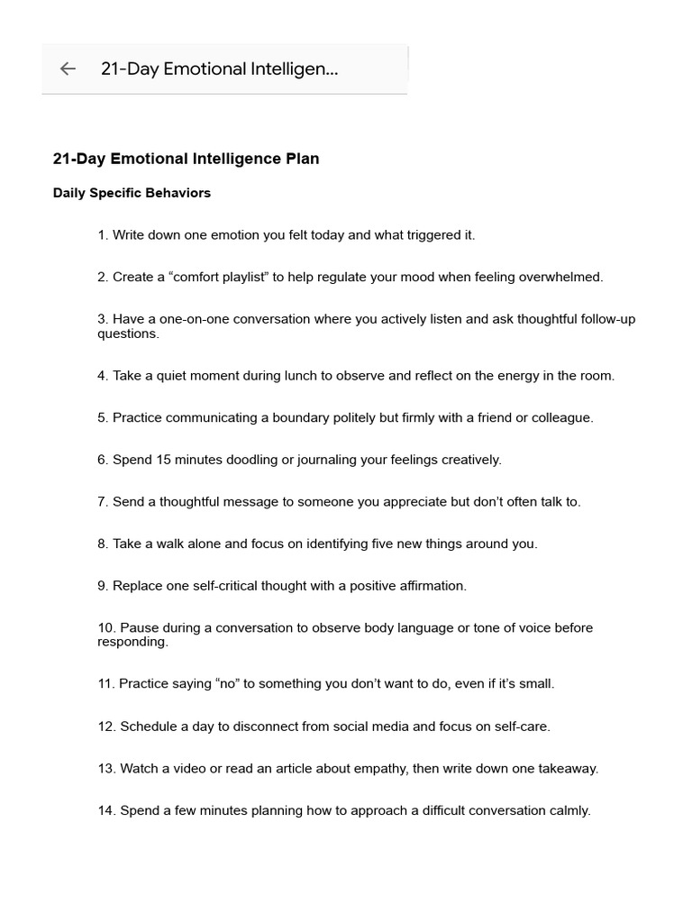 21-Day Emotional Intelligence Plan | PDF | Psychological Concepts ...