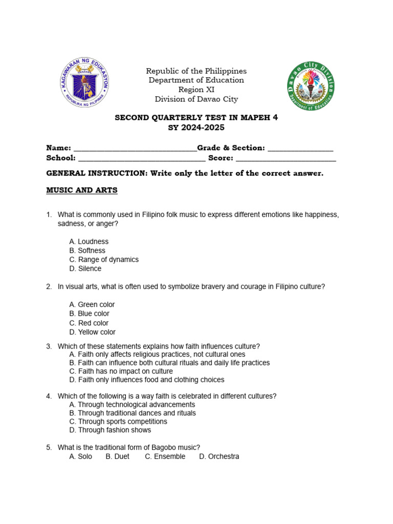 MAPEH 4 Second Quarterly Test 2024 | PDF | Dances