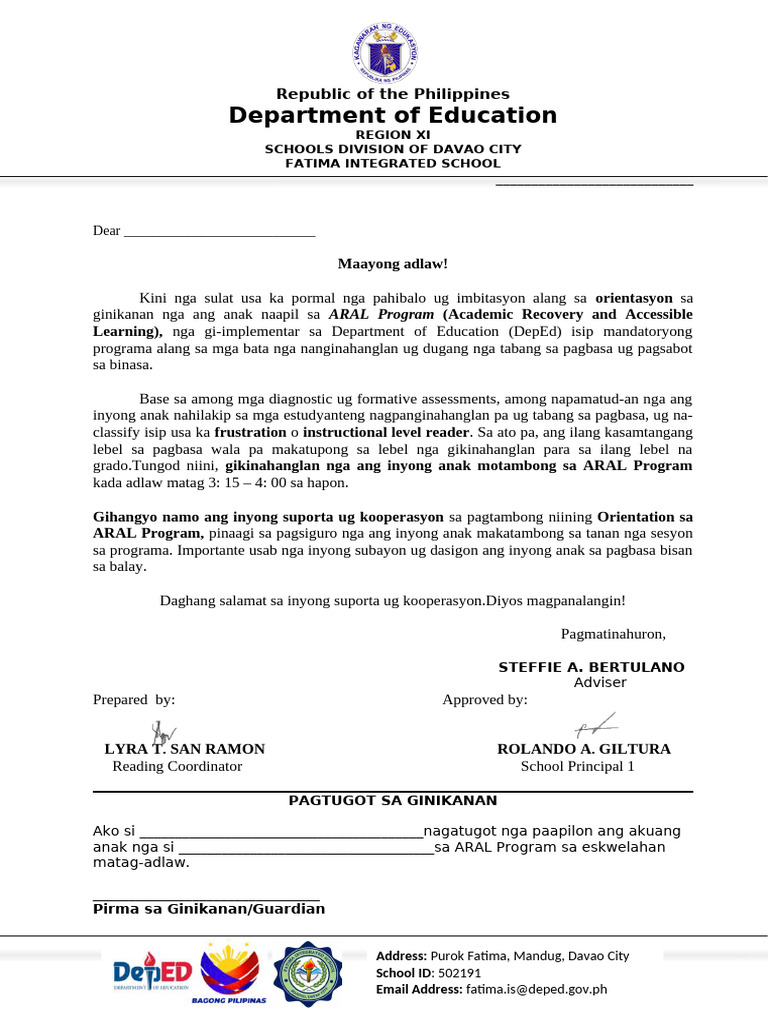 Aral Letter To Parents Orientation and Consent | PDF