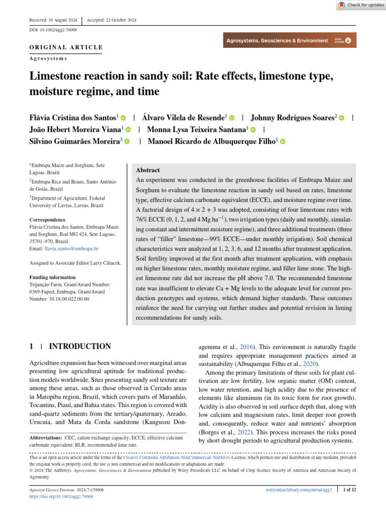 Agrosystems Geosci Env - 2024 - Santos - Limestone Reaction in Sandy ...