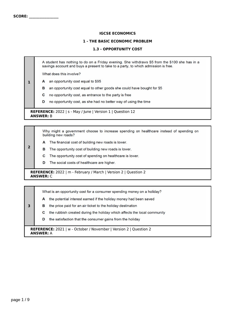 IGCSE Economics - 1.3 - Opportunity Cost-MS | PDF | Economics | Economies